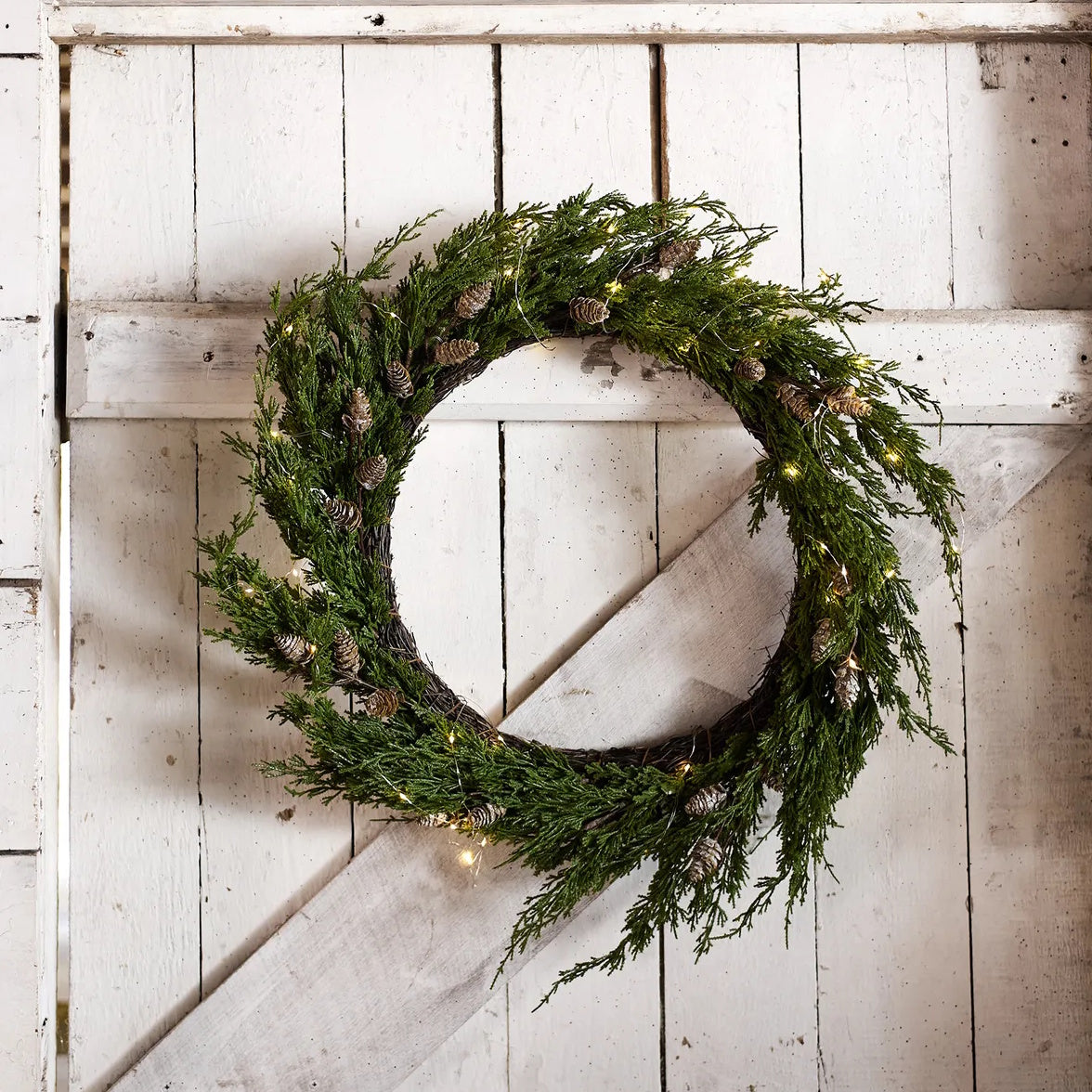 French Country Cedar & Pinecone Wreath with Lights – Sweet Pea Parties